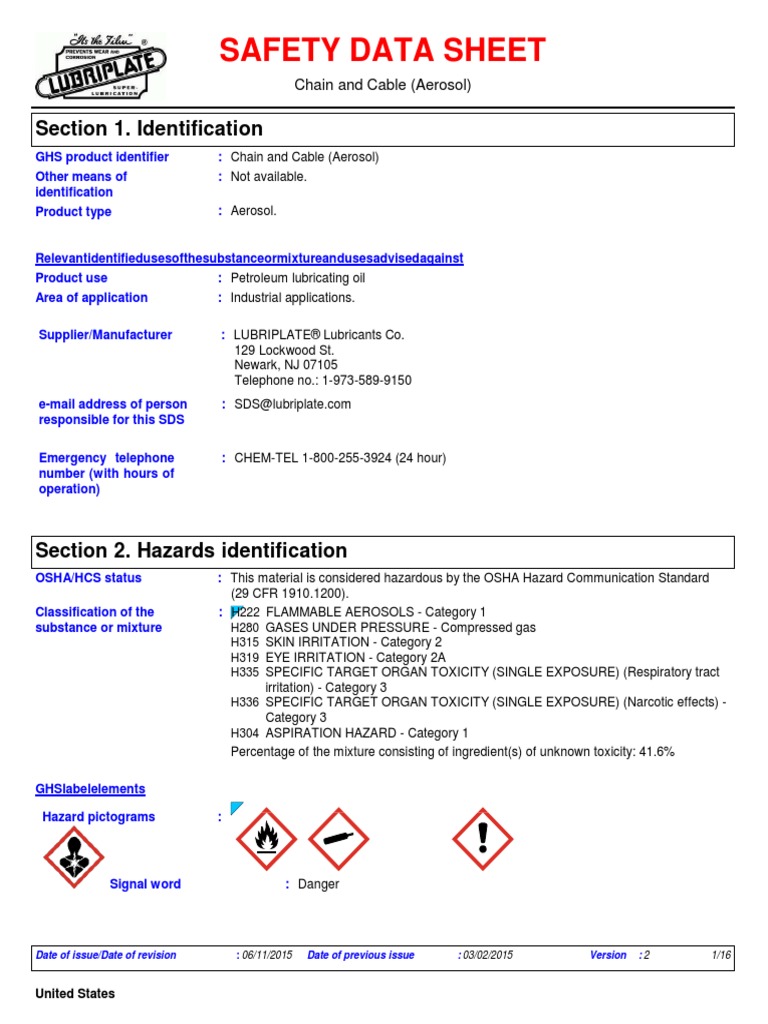 SDS MSDS 000030 Chain and Cable Lube L0135-063 2014 06-15 MSC | PDF ...