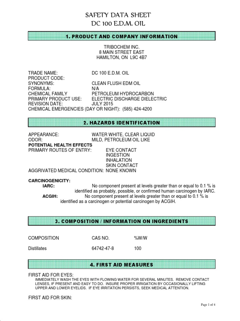 Safety Data Sheet DC 100 E.D.M. OIL: 1. Product and Company Information ...