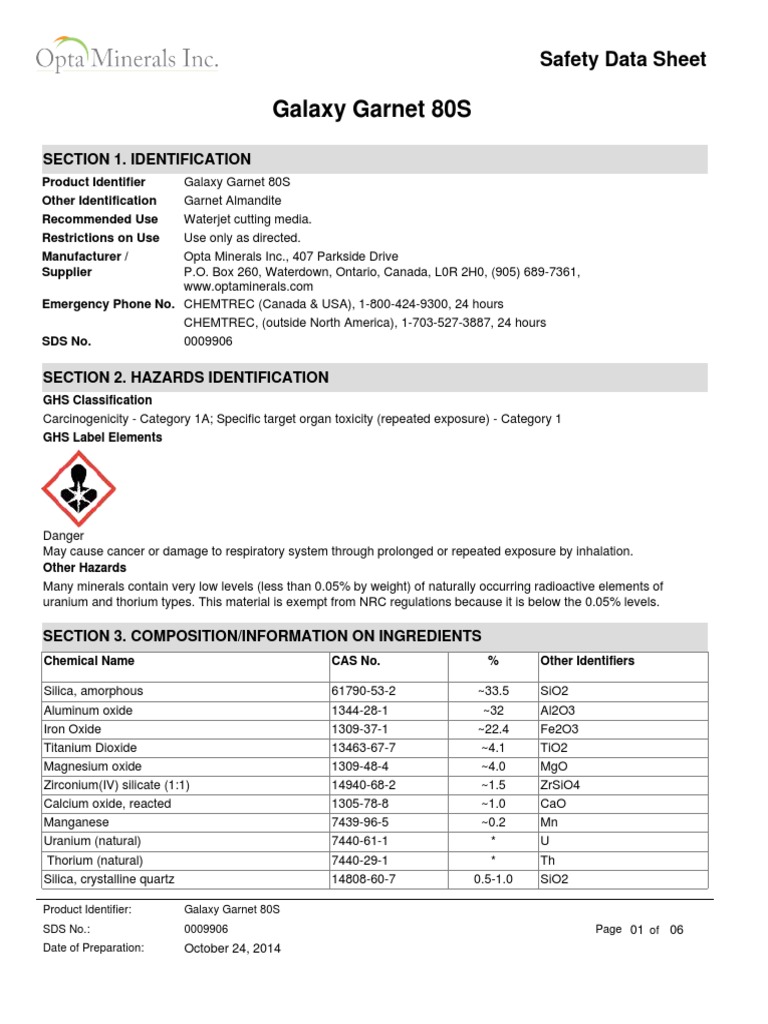 Galaxy Garnet 80S: Safety Data Sheet | PDF | Silicon Dioxide | Magnesium