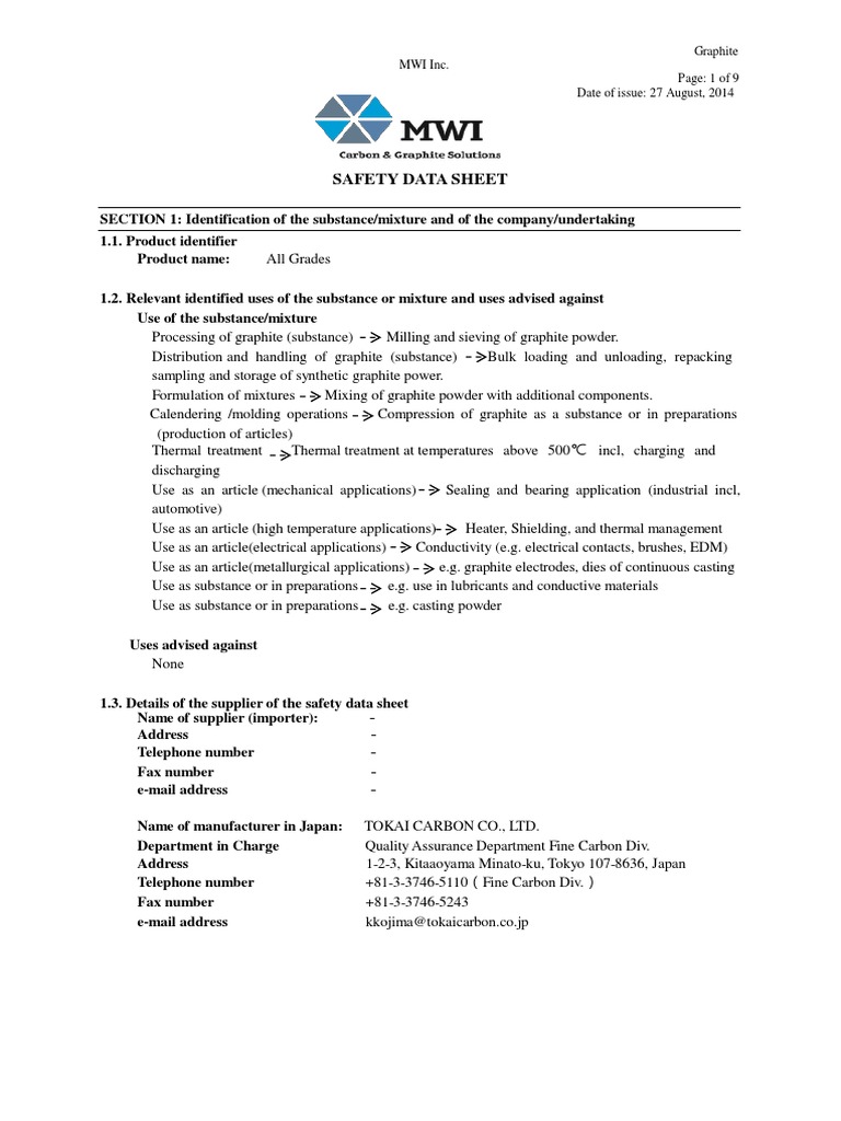 Safety Data Sheet: Graphite MWI Inc. Page: 1 of 9 Date of Issue: 27 ...
