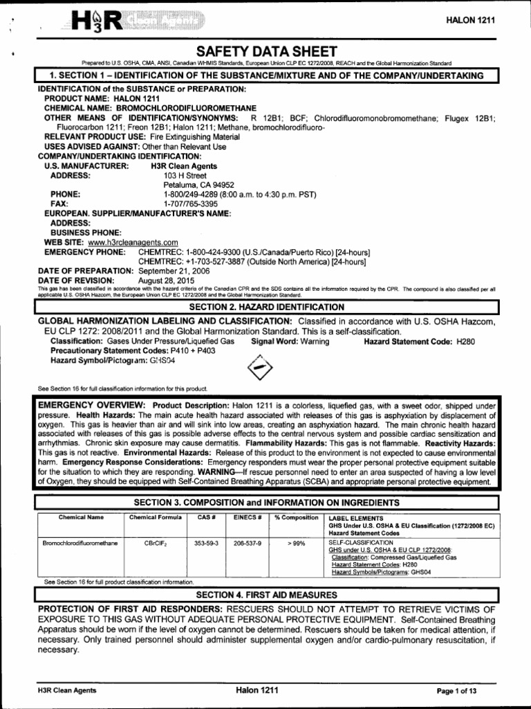 SDS MSDS 000050 Halon-1211 1991 08-15 Russell Fire | PDF | Dangerous ...