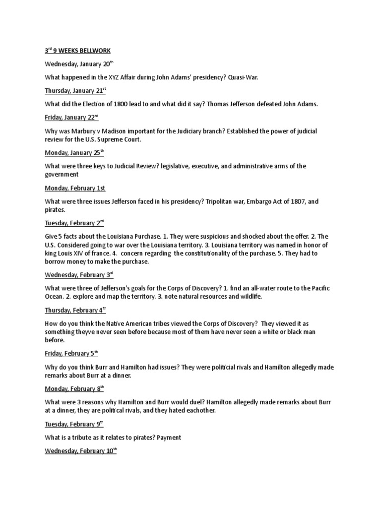 U.S. History Bellwork: Key Events & Concepts | PDF | Thomas Jefferson ...