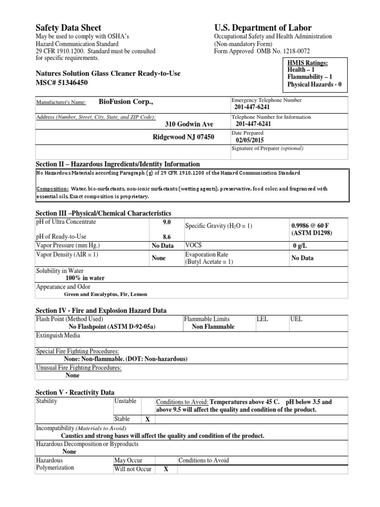 SDS MSDS 000046 Glass Cleaner Natures Solutions 2012 2-15 MSC | PDF ...