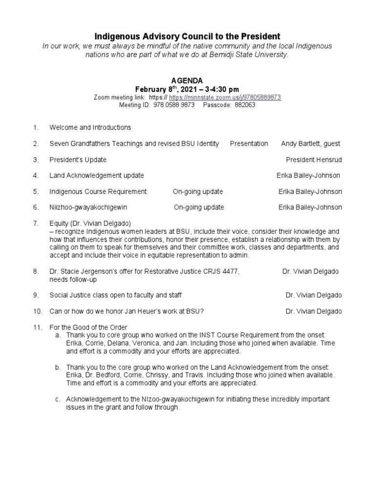 Indigenous Advisory Council To The President - 2-8-21 Agenda | PDF