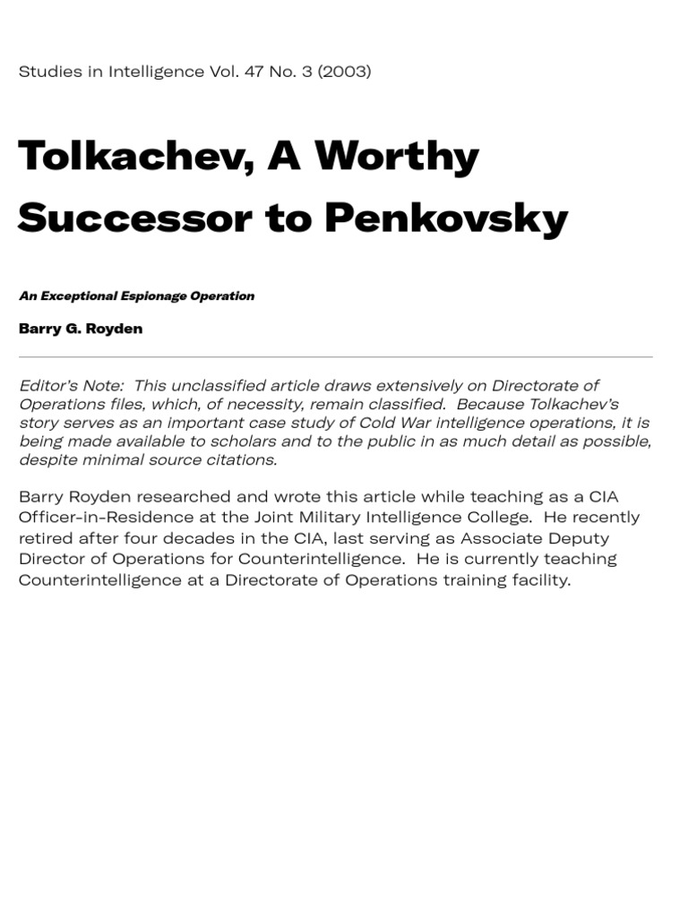 Tolkachev Successor Penkovsky | PDF | Central Intelligence Agency ...