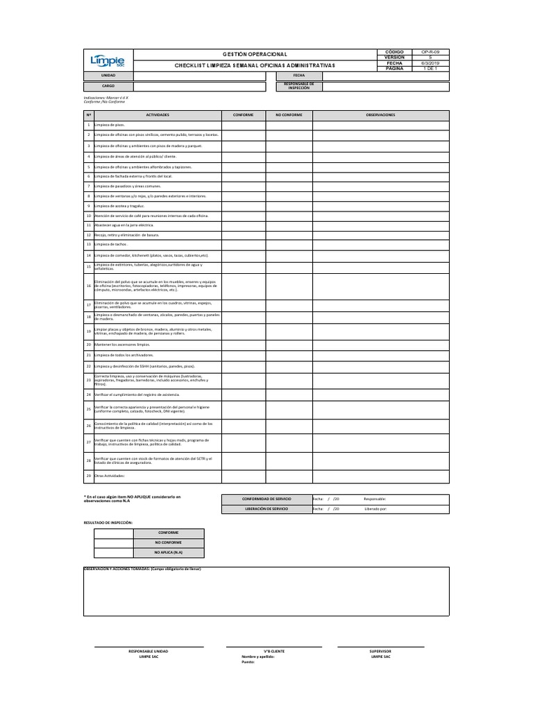OP-R-09 Ver 05 Checklist Limpieza Semanal Oficinas Administrativas ...