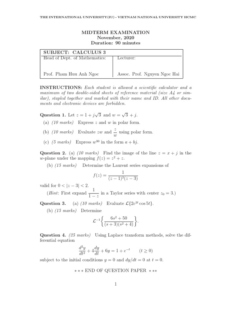 Calculus 3 Midterm Exam 2020 | PDF