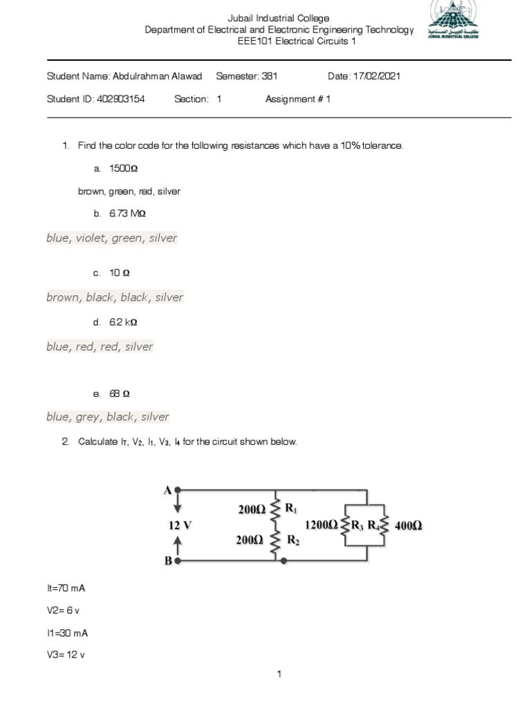 EEE 101-Assignment 1.1 | PDF | Series And Parallel Circuits | Resistor