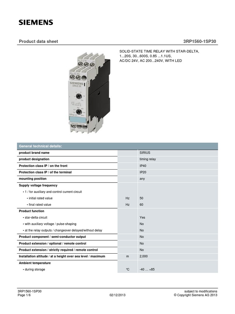 Product Data Sheet 3RP1560-1SP30 | PDF | Alternating Current | Relay