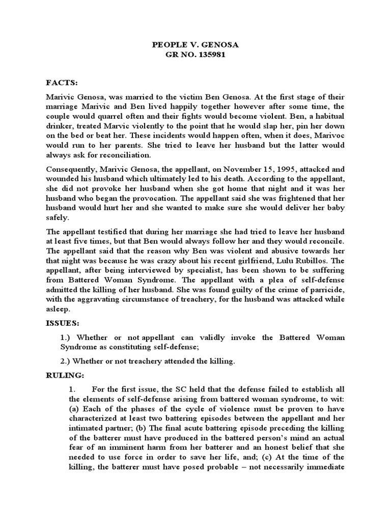 Genosa Case: Battered Woman Defense | PDF | Assault | Domestic Violence