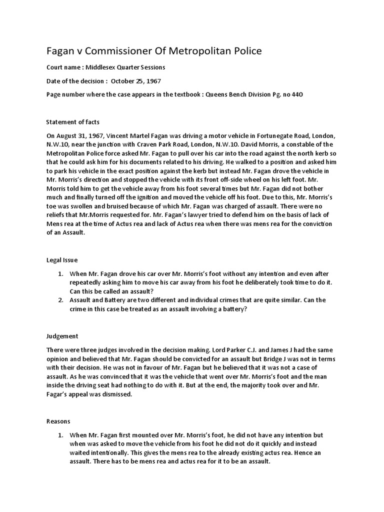 Fagan V Commissioner of Metropolitan Police | PDF | Assault | Battery ...