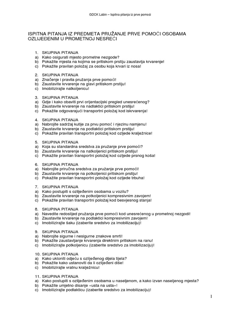 Ispitna Pitanja Iz Prve Pomoci Za Vozace1 | PDF