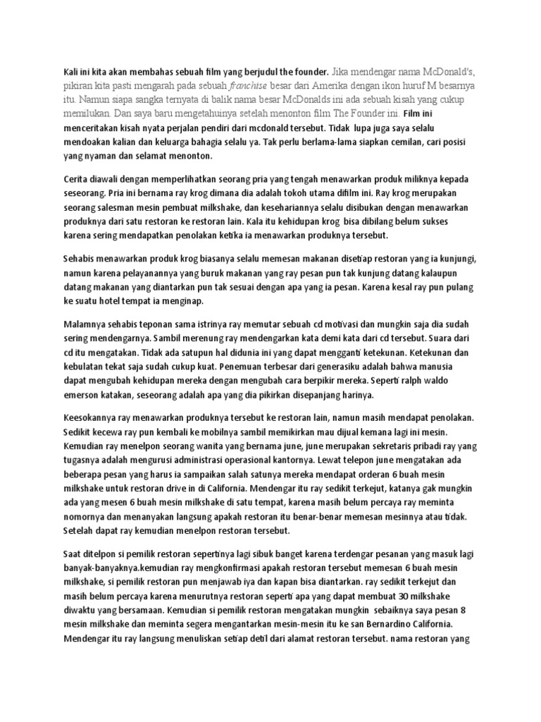 Script Alur Cerita Film The Founder | PDF