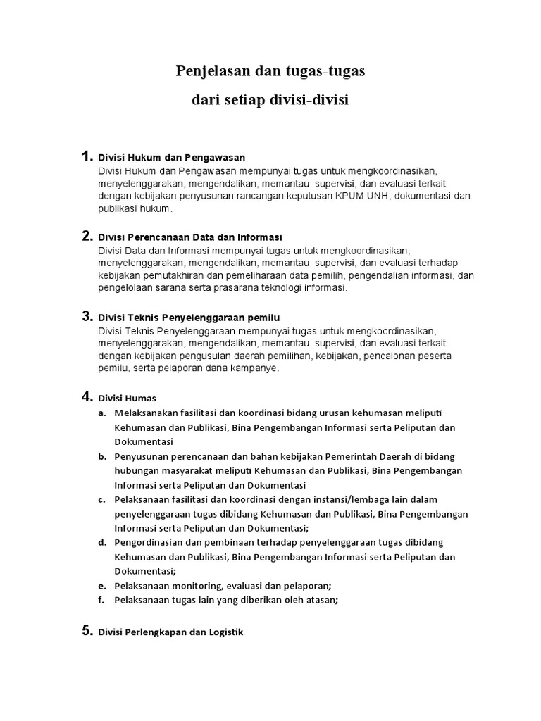 Penjelasan Dan Tugas-Tugas Dari Setiap Divisi | PDF