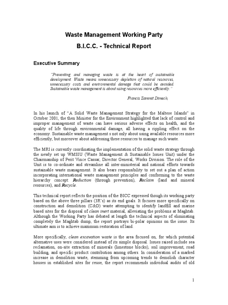 Waste Management Working Party B.I.C.C. - Technical Report: Executive ...