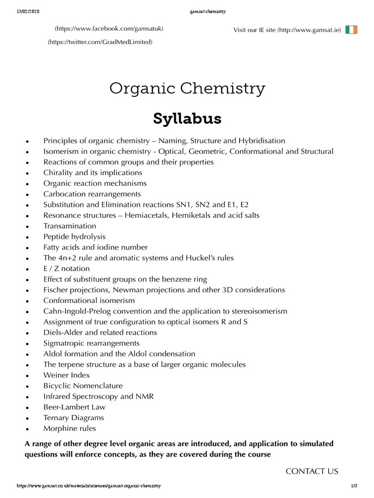 Organic Chemistry Syllabus - Gradmed | PDF