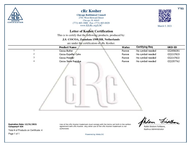 CRC Kosher: Letter of Kosher Certification | PDF