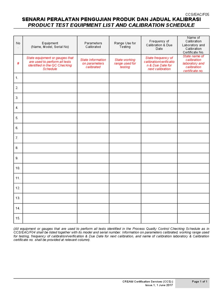 F05 - Product Test Equipment List and Calibration Schedule (Issue 1 ...