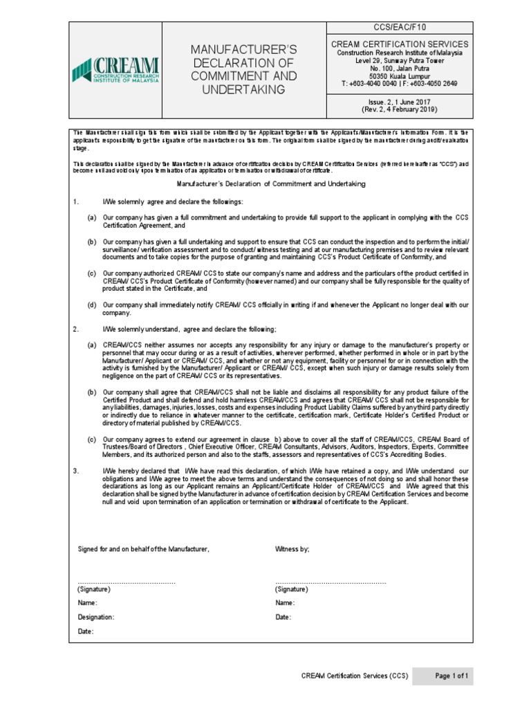 f10 - Manufacturer's Declaration of Commitment and Undertaking - Oem ...