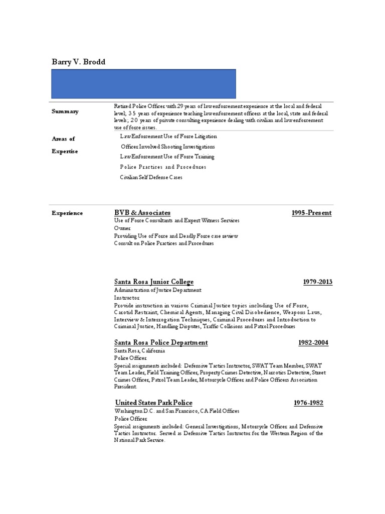Barry Brodd Resume No Contact | PDF | Detective | Use Of Force