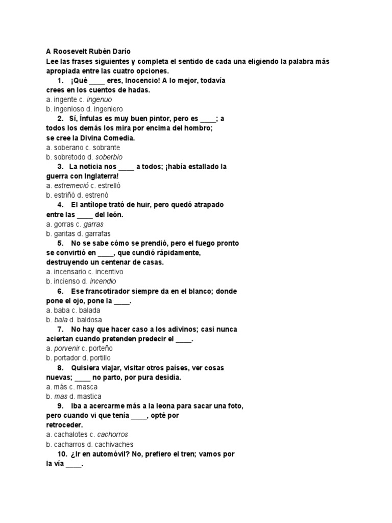 Ejercicio de vocabulario y comprensión | PDF