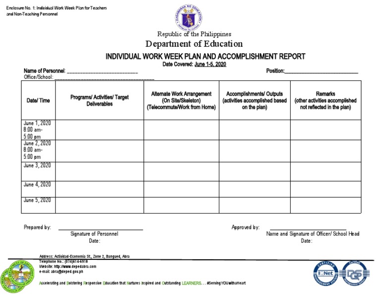 Department of Education: Individual Work Week Plan and Accomplishment ...