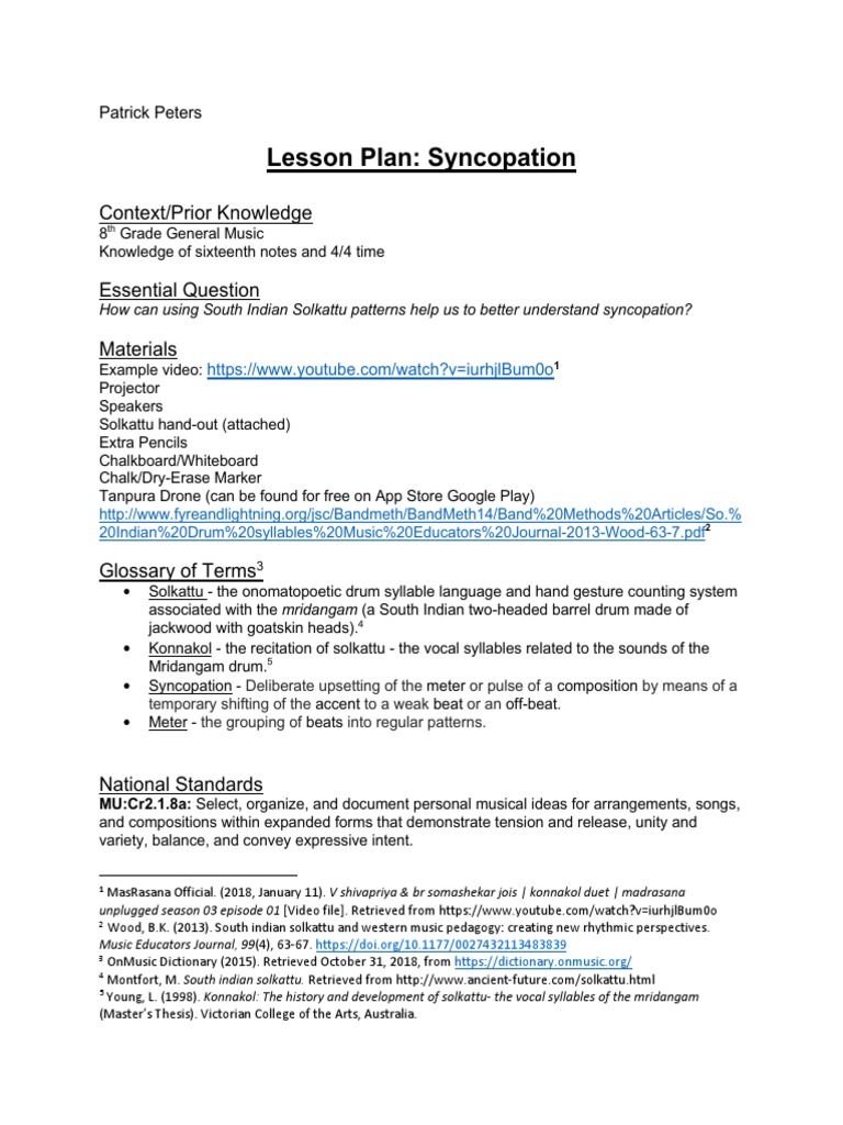 Lesson Plan: Syncopation: Context/Prior Knowledge | PDF | Music Theory ...
