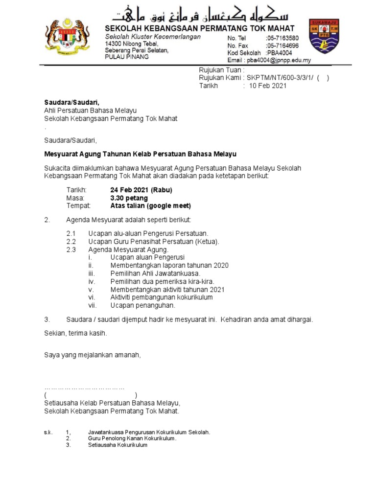 Contoh Notis Panggilan Mesyuarat Agung Unit Koko SKPTM 2021 | PDF