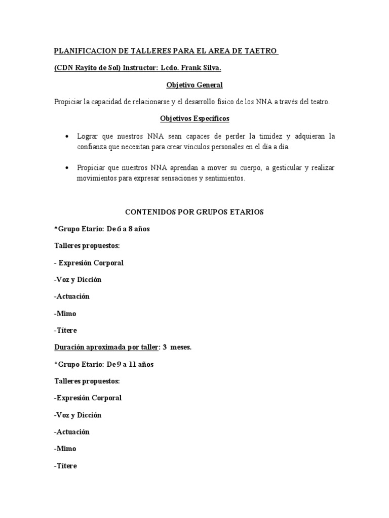 Planificacion de Talleres para El Area de Teatro | PDF | Teatro ...