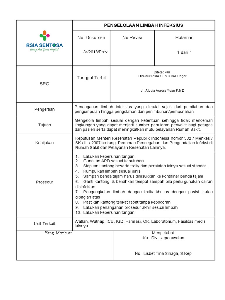 SPO Pengelolaan Limbah Infeksius | PDF