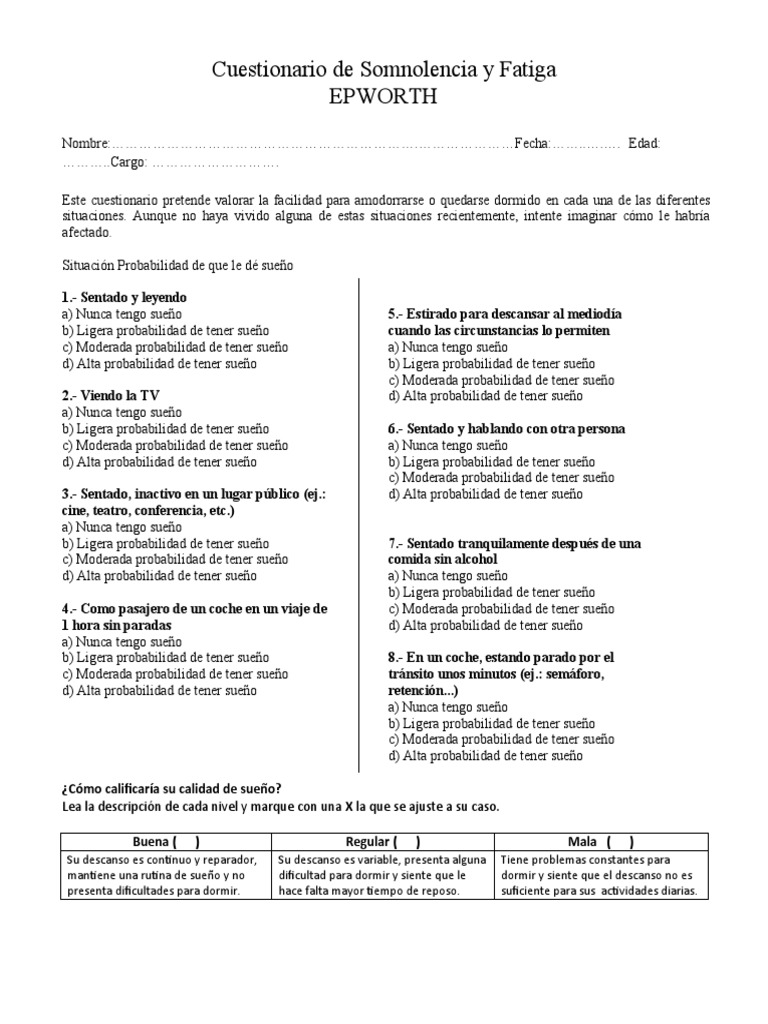 Test de Epworth | Descargar gratis PDF | Dormir | Bienestar