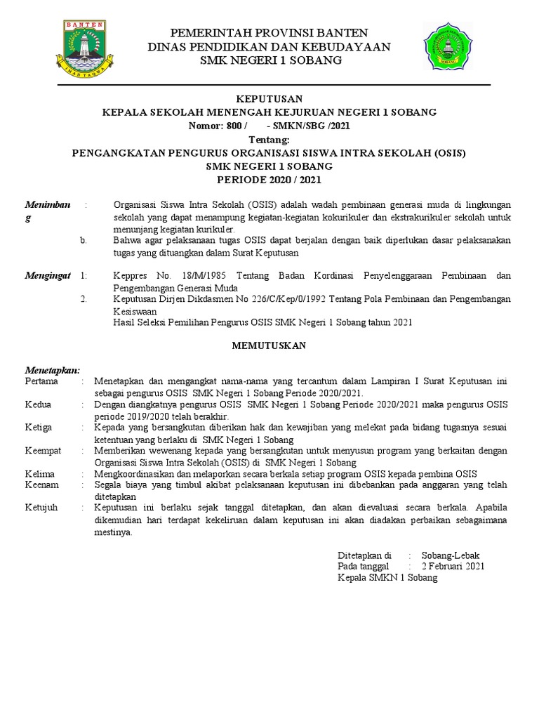 Contoh SK Pengurus Osis | PDF