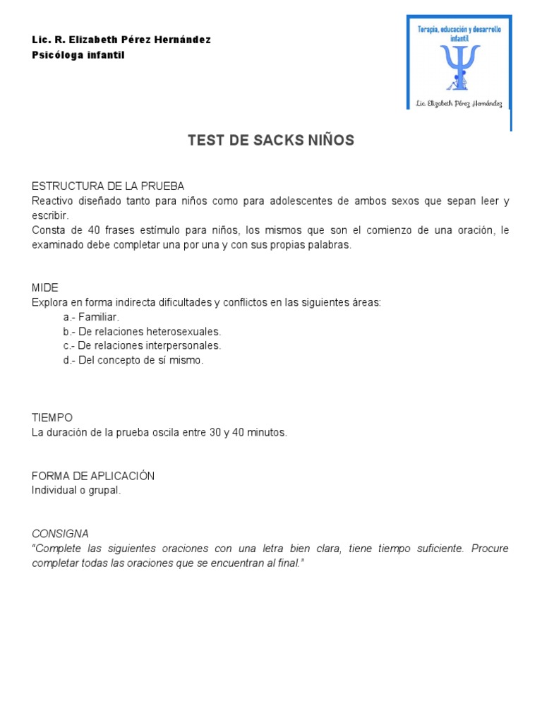 Test de Sacks para Niños y Adolescentes | PDF | Sicología | Science
