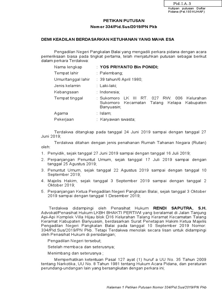 Petikan Putusan Nomor 334/pid - Sus/2019/PN PKB Demi Keadilan ...