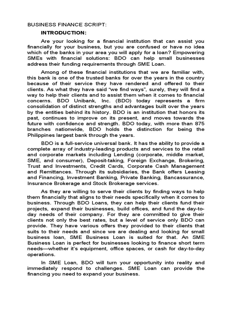 Business Finance Script | PDF | Money | Banking