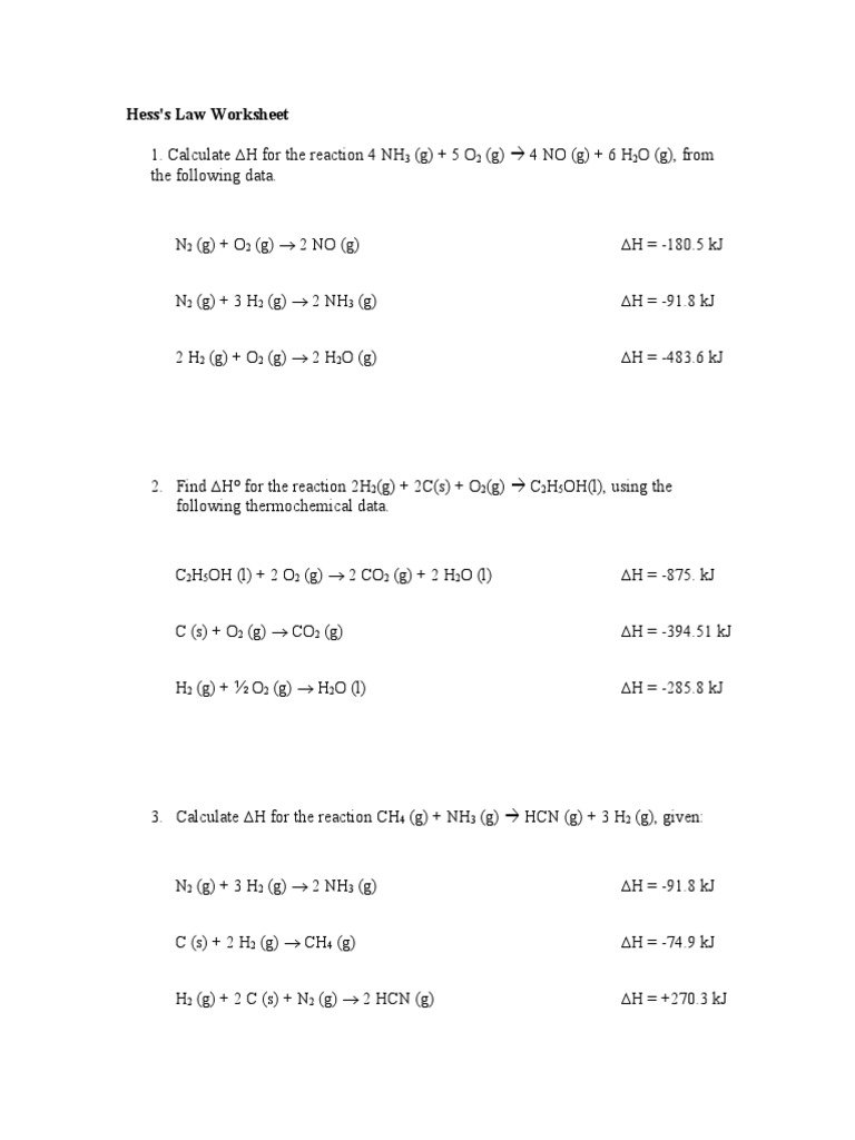 Hess Law Problem Set - Answer Key | PDF