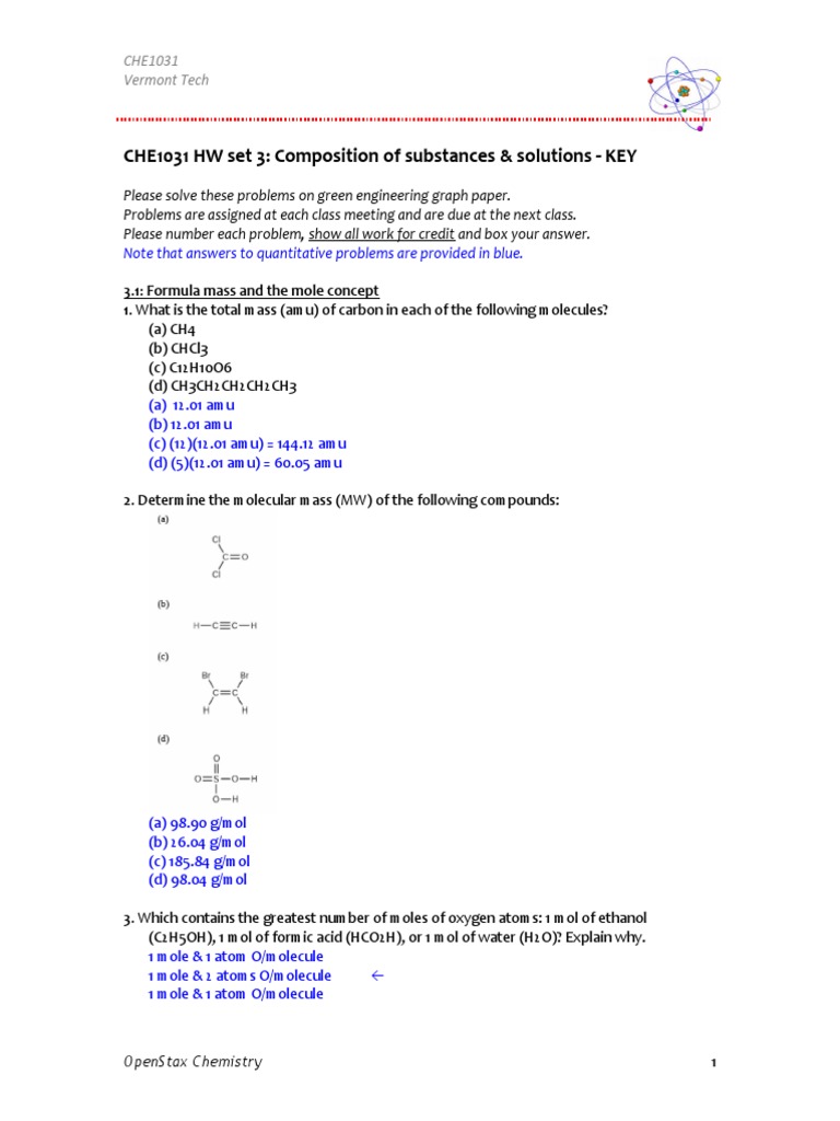 CHE1031 HW Set 3: Composition of Substances & Solutions - KEY | PDF ...