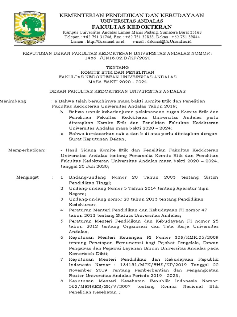 5fdb1991d0bfb - SK Komite Etik Dan Penelitian FK UNAND 2020 - 2024 | PDF