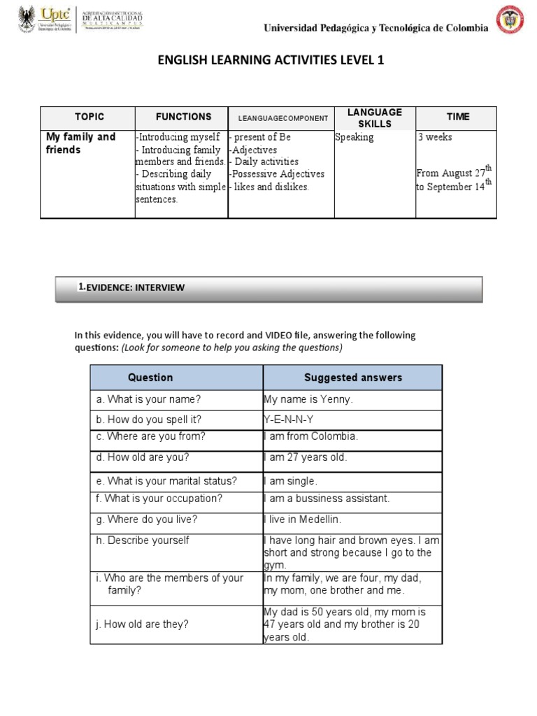 English Learning Activities Level 1: My Family and Friends | PDF ...