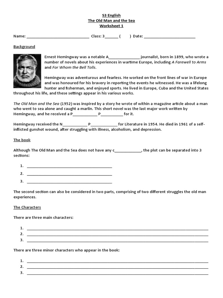 S3 English The Old Man and The Sea Worksheet 1 | PDF | Ernest Hemingway ...