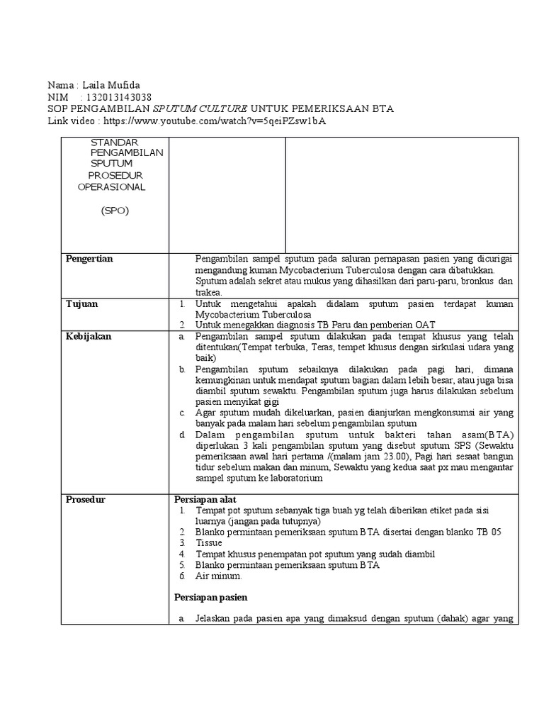 Sop Pengambilan Sampel Sputum Bta Sps | PDF