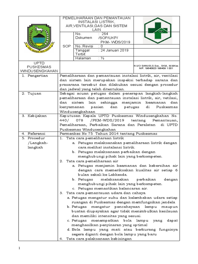 8.5.1.2 Sop Pemeliharaan Dan Pemantauan Instalasi Listrik, Air, Ventilasi, Gas Dan Sistem Lain | PDF