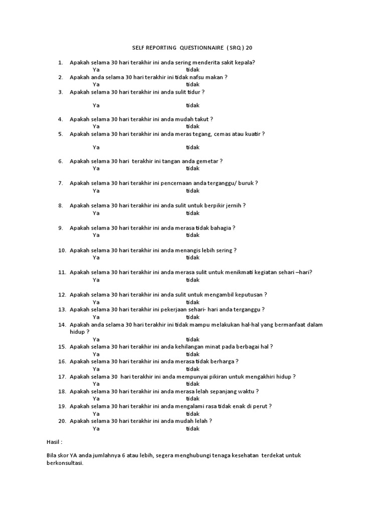 Self Reporting Questionnaire (SRQ) 20 | PDF