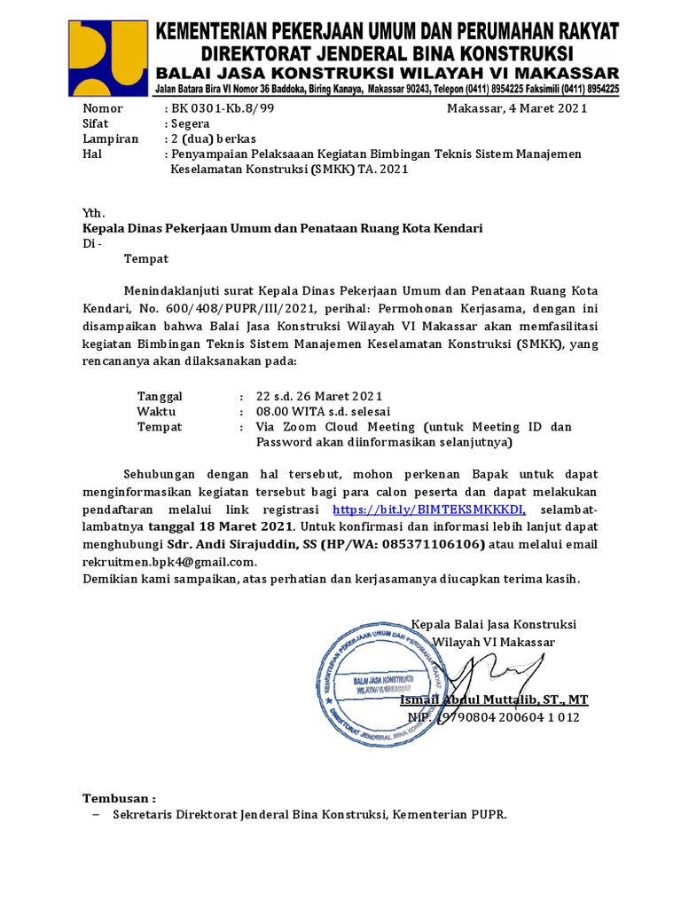 Surat Informasi Kegiatan Utk Bimtek SMKK Daring TA. 2021 - Dinas PUPR ...