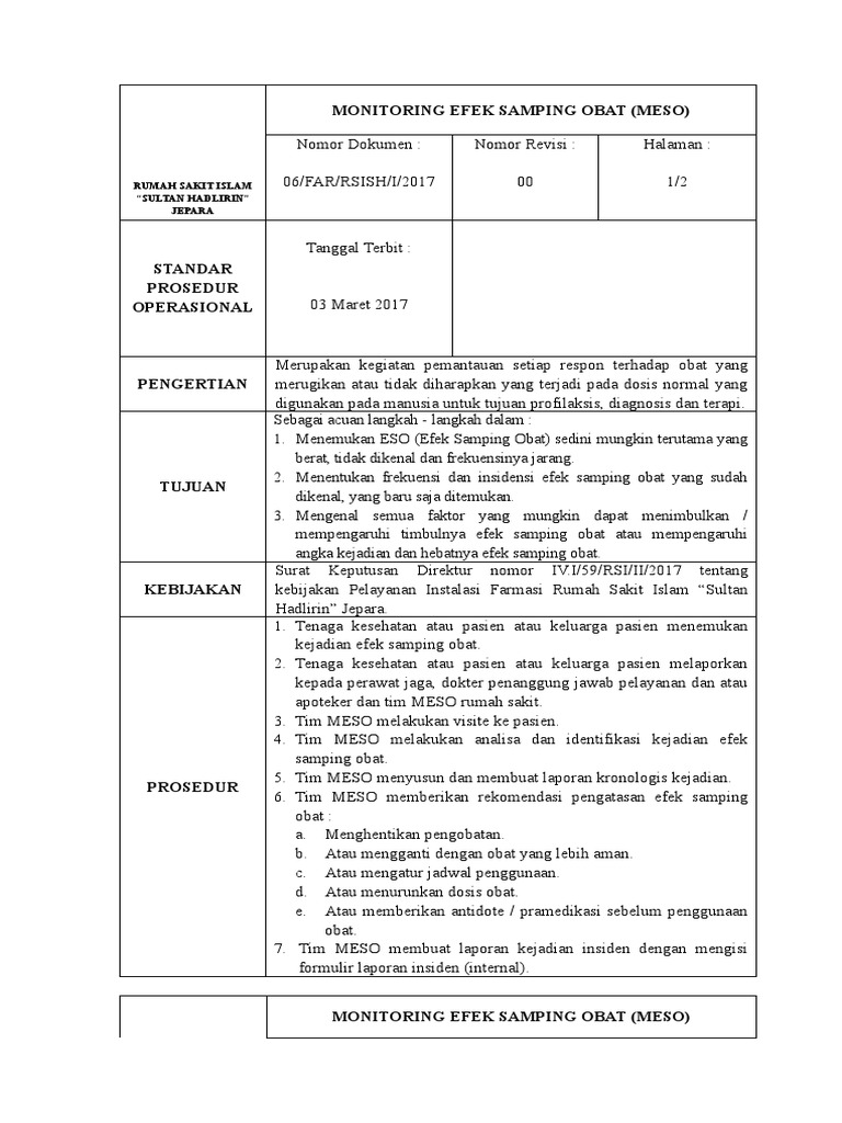 Sop Monitoring Efek Samping Obat (Meso) | PDF