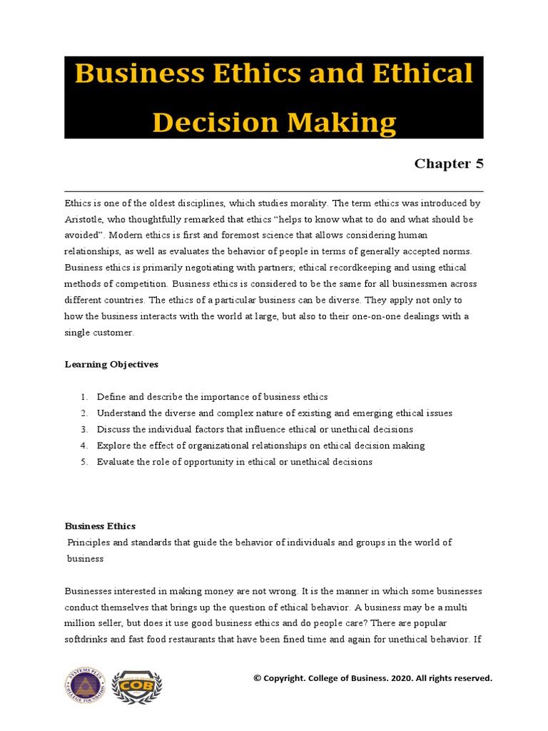 Business Ethics and Ethical Decision Making: Learning Objectives | PDF ...