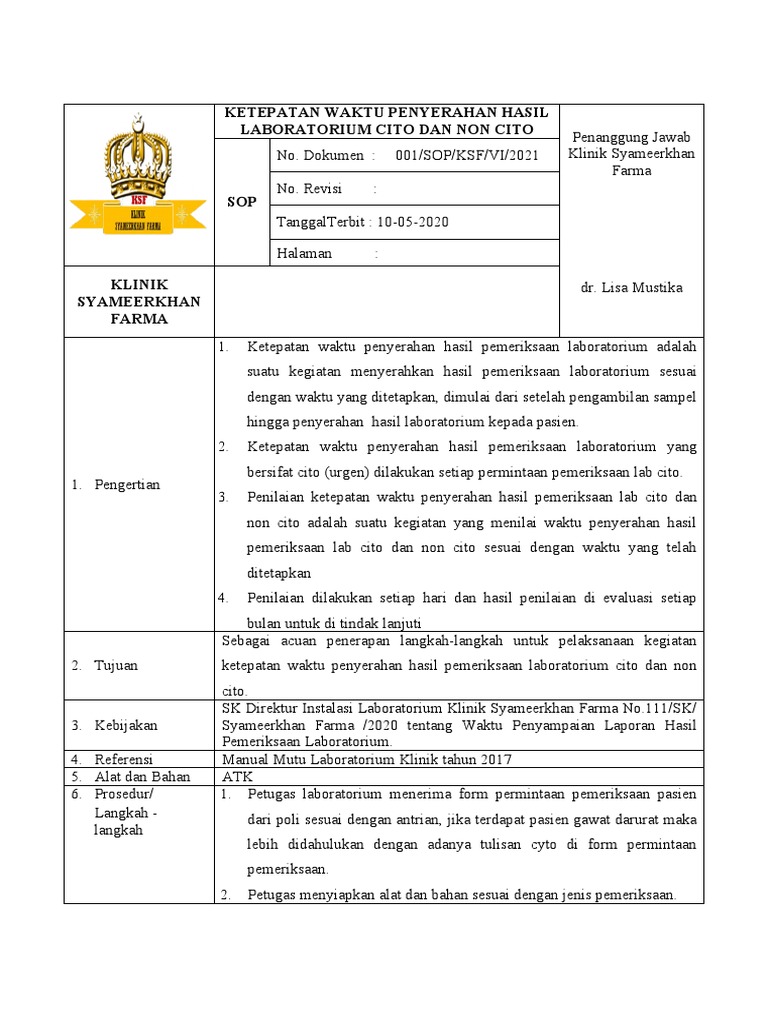 Sop Ketepatan Waktu Penyerahan Hasil Laboratorium Cito Dan Non Cito | PDF