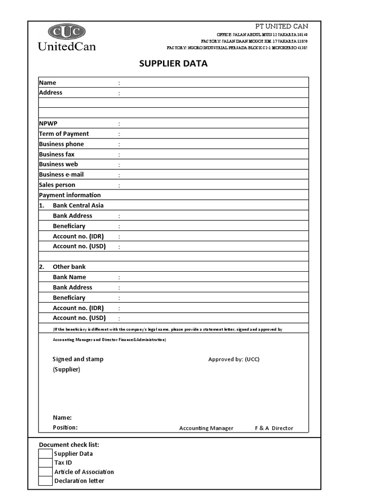 Supplier Data Form New | PDF | Payments | Accounting