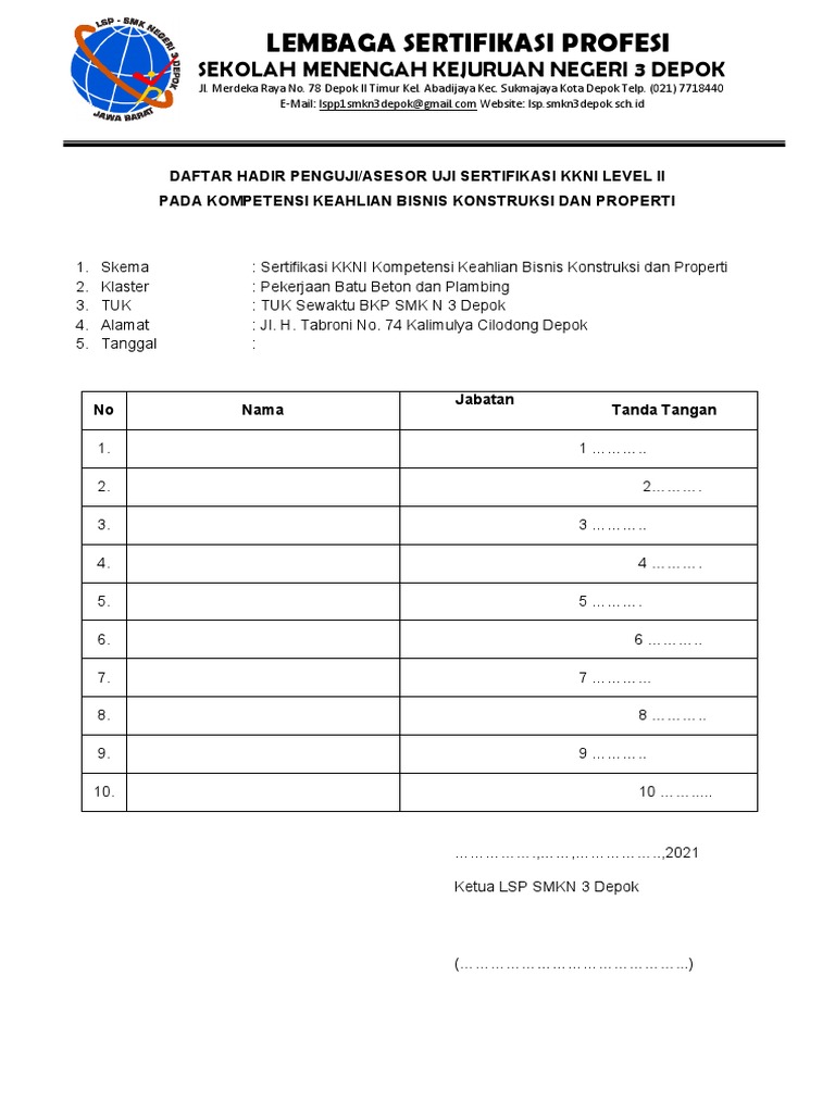 Daftar Hadir LSP | PDF