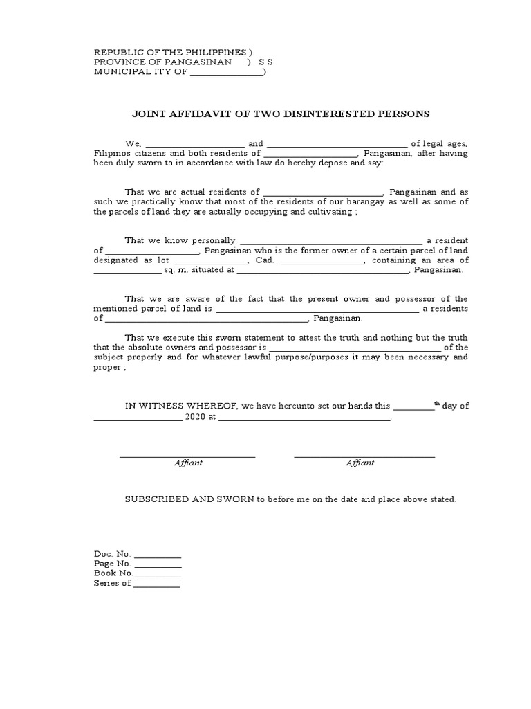 Joint Affidavit of Two Disinterested Persons BLANK